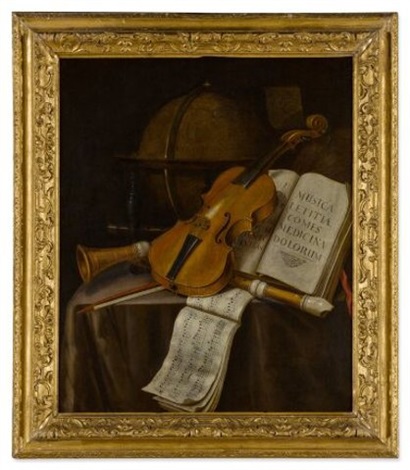 Vanitas still life with a violin, recorders, music manuscripts, and a ...