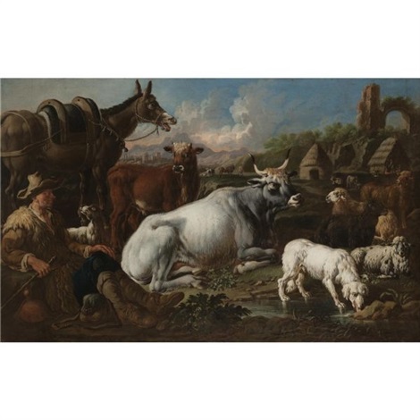 An extensive landscape with a herdsman resting his flock near ancient ...
