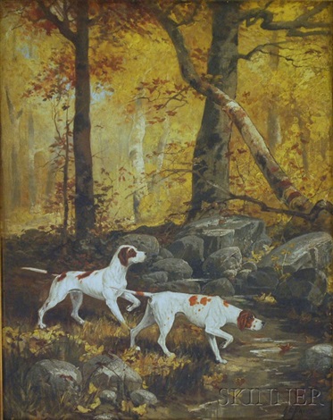 Two hunting dogs, English pointers, by a woodland stream by A. Emile Prinz on artnet