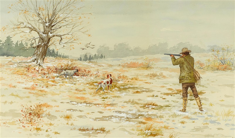 Duck hunting scene with hunter and dog by Olaf C. Seltzer on artnet