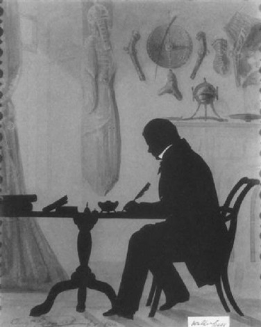 Sir Walter Scott writing at his desk, wearing suit, a window in the ...