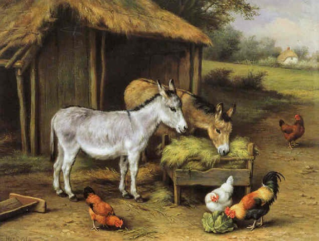 Chickens and donkeys feeding outside a barn by Edgar Hunt on artnet