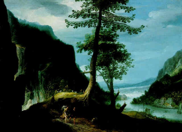 Tobias and the Archangel Raphael in a rocky and wooded river landscape ...