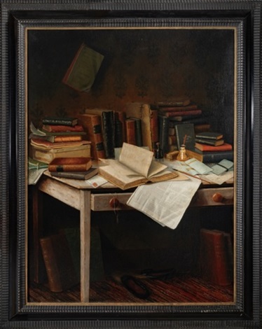 Still Life of Books, Brush, Inkwell, and a Pen on a Table by Edward N ...