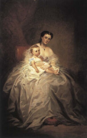 A PORTRAIT OF A MOTHER AND CHILD FULL LENGTHS IN WHITE GOWNS IN AN INTERIOR by Richard Buckner ...