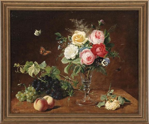 Still life with grapes and a glass with flowers and swarming insects by ...