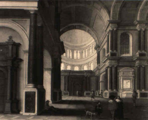 The interior of a Renaissance-style church with elegant couple and ...