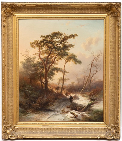 Gathering kindling in a snowy forest by Pieter Lodewijk Francisco ...