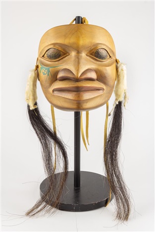 a carved and polychromed Frog Man mask with horse hair and ermine trim ...