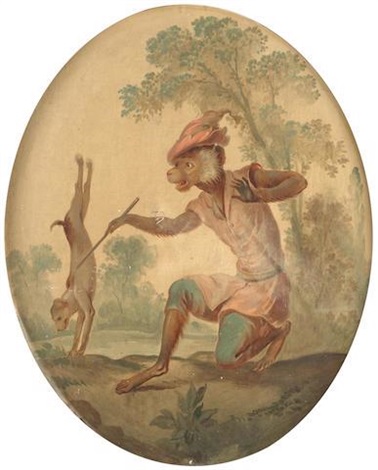 A pair of singerie works depicting monkeys training a dog by Christophe ...