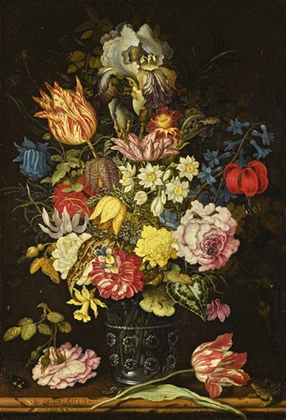 STILL LIFE OF FLOWERS IN A GLASS BEAKER ON A STONE LEDGE, TOGETHER WITH ...