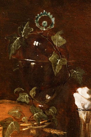 Vanitas still life with a skull, a pipe, glassware, and an hourglass, c ...