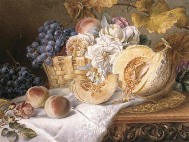 STILL LIFE WITH GRAPES, PEACHES, ROSES AND A MELON by Mary Elizabeth ...