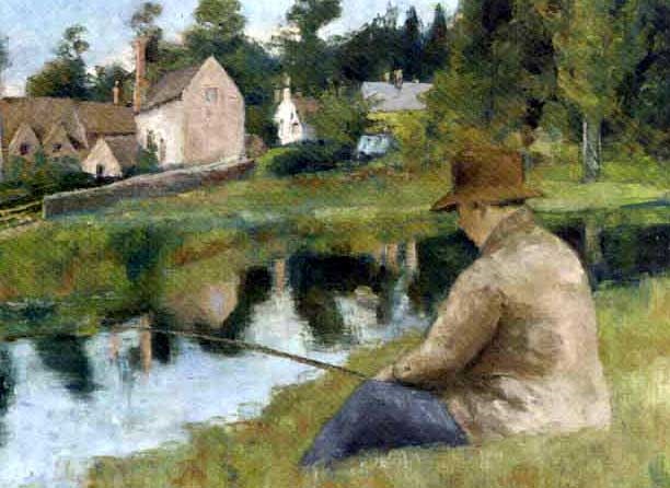 The artists husband, Iona, fishing, near Bibury, Gloucestershire by ...