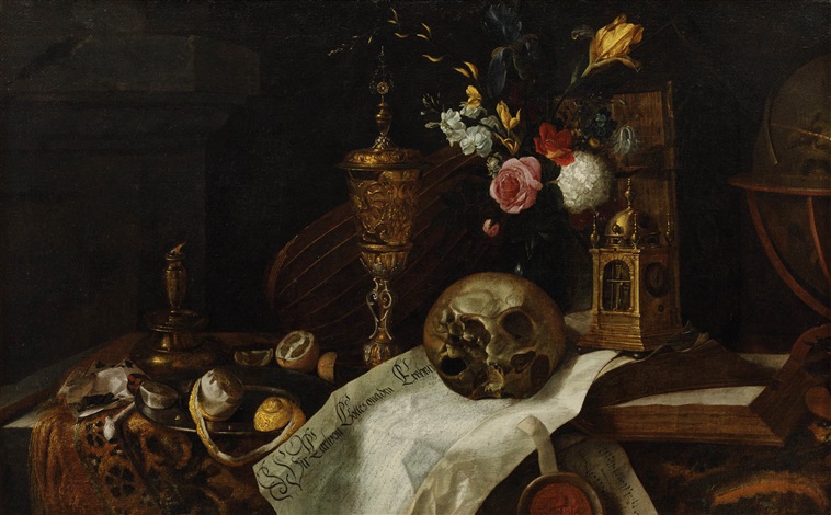 Vanitas still life with flowers, skull, goblet and lantern clock by ...