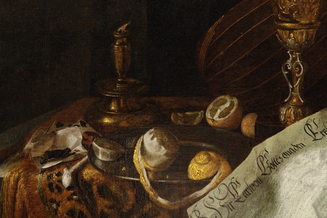 Vanitas still life with flowers, skull, goblet and lantern clock by ...