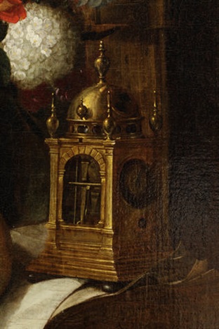 Vanitas still life with flowers, skull, goblet and lantern clock by ...