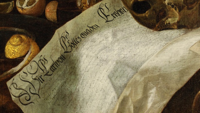 Vanitas still life with flowers, skull, goblet and lantern clock by ...