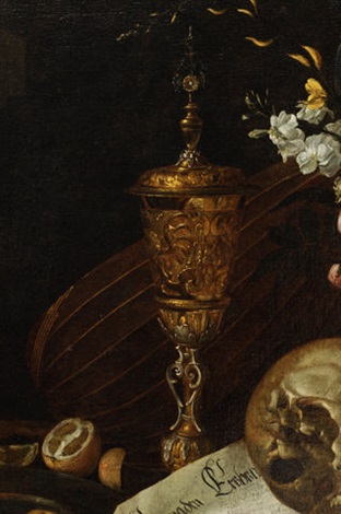 Vanitas still life with flowers, skull, goblet and lantern clock by ...