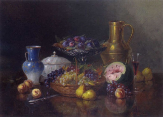 Stilleben mit einem Korb voll Trauben, Melone, Schale mit Zwetschgen ...