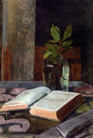 Still life with a glass jar and an open book by Vanessa Bell on artnet