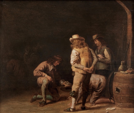 Soldiers playing a game and smoking in an interior by Jan Olis on artnet