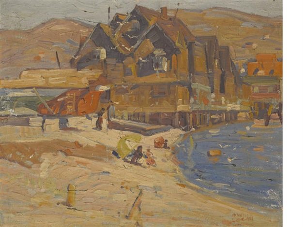 Figures on the sand under beach umbrellas with shore buildings beyond ...