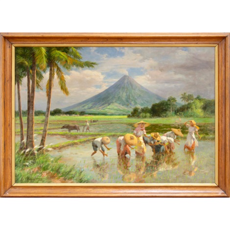 Planting Rice with Mayon Volcano by Fernando Amorsolo on artnet