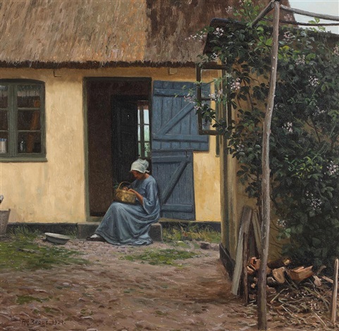 Courtyard exterior with a woman sitting in the doorway by Karl Harald ...