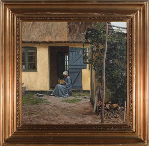 Courtyard exterior with a woman sitting in the doorway by Karl Harald ...