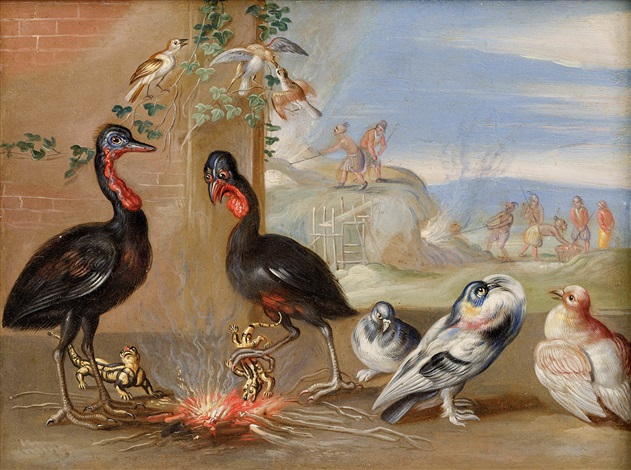 Two black birds holding salamanders above a fire. Antwerp. C. 1660-1670 ...