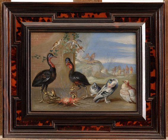 Two black birds holding salamanders above a fire. Antwerp. C. 1660-1670 ...