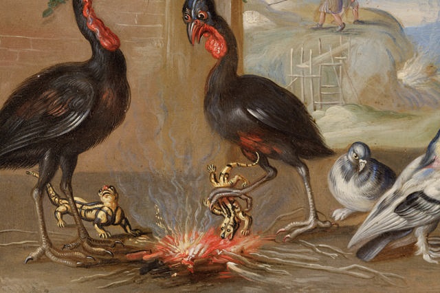 Two black birds holding salamanders above a fire. Antwerp. C. 1660-1670 ...