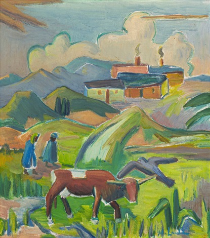 Landscape with Cow, Figures and Houses by Maggie (Maria Magdalena ...