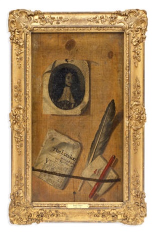 A trompe loeil still life of a letter rack with an engraving of Charles ...