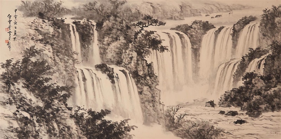Landscape with waterfall by Huang Junbi on artnet