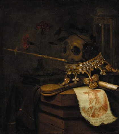 A vanitas still life with a crown, a skull, castanets, carnations in a ...
