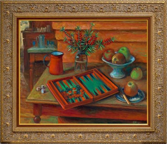 BACKGAMMON AND BOTTLEBRUSH by Margaret Hannah Olley on artnet