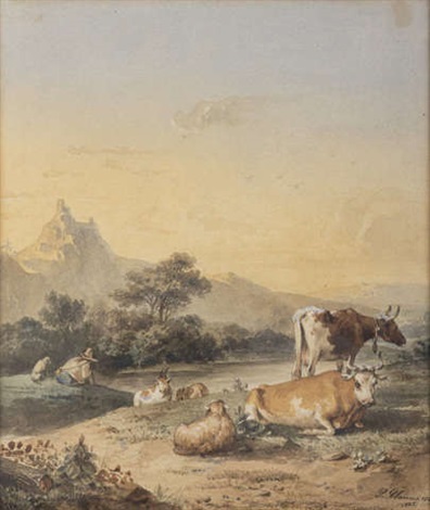 Pastoral river landscape with cattle, sheep and goats by Eugene ...