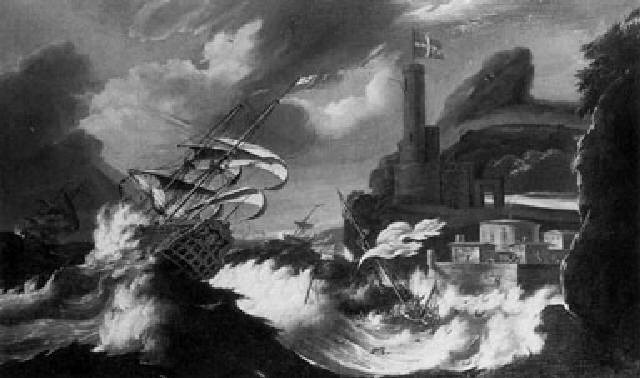 A BRITISH FRIGATE LABOURING IN HEAVY SEAS BEFORE A COASTAL FORTRESS ...