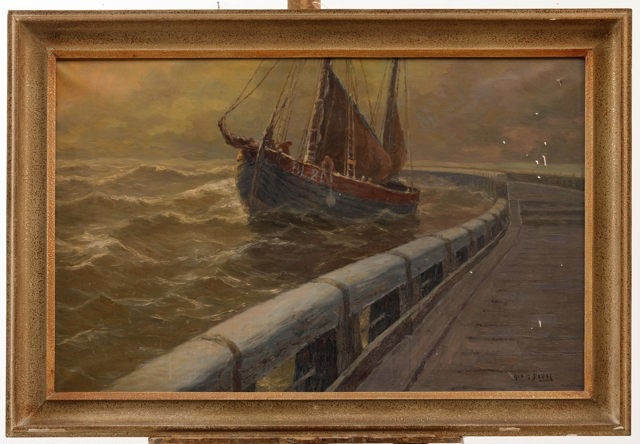 Pier view with boat. by Albert Isidore de Vos on artnet