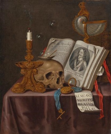 A vanitas still life with a candlestick, a skull, a shell, bubbles, a ...