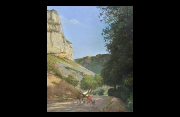 Paysanne sur un âne guidant son troupeau sur le chemin de Tenay à ...