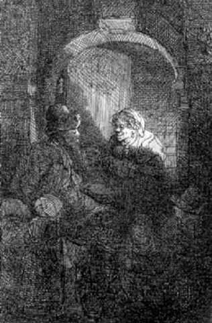 A woman at a door hatch talking to a man and children the schoolmaster ...