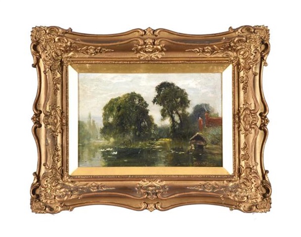 A LANDSCAPE WITH GRAZING CATTLE AND A COTTAGE BY A STREAM by Henry John ...