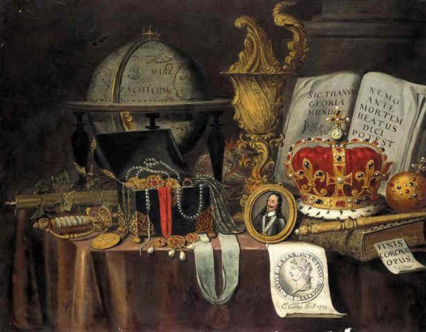 A vanitas still life of court jewels in a casket, a globe, sword, and a ...
