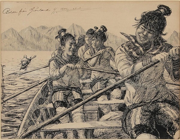 Inuit women rowing in a umiak by Harald Viggo Moltke on artnet