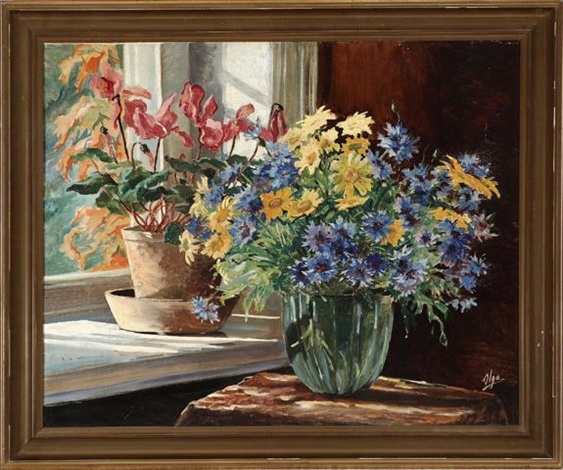 Still life with a potted plant and a vase with flowers in a sunny ...