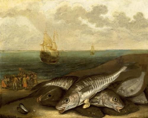 A still life with haddock and plaice on a beach, together with ...