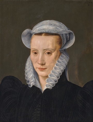 Portrait of a lady, bust-length, in a black dress with a white ruff and ...
